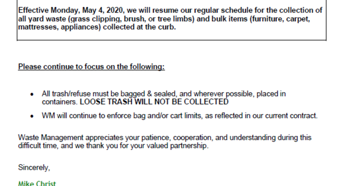 Important Message from Waste Management Effective May 4, 2020 | Borough ...